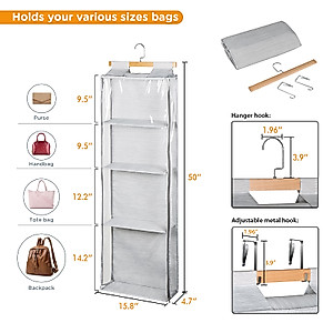 Syeeiex Hanging Handbag Purse Organizer with Zippers, Clear Slubbed Fabric+PVC Hanging Closet Bag Organizer, 4 Mesh Shelves,Dustproof Handbag Closet Tote Storage Bag for Door, Wardrobe, Shelf Rack