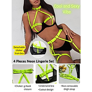 Kaei&Shi Garter Lingerie For Women,Glow In The Dark Blacklight Strappy Underwire Choker Sexy Lingerie,Adjustable Straps Sheer Thong Belt Matching 4 Piece Lingerie Set Boudoir Neon Green Medium