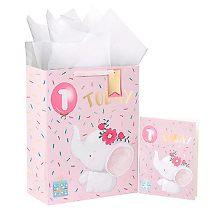 WRAPAHOLIC 16.5" Extra Large 1st Birthday Gift Bag with Card and Tissue Paper - Adorable Elephant Design for Baby Girl, Baby Shower, Party