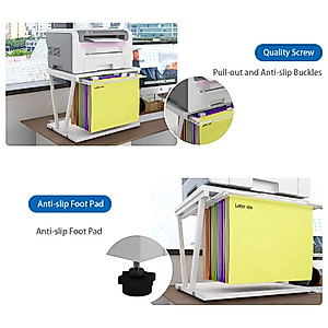 PUNCIA 2 Tiers Home Office Desktop Printer Stand with Letter Size Steel Hanging File Folder Frame Tabletop Shelf Organizer Storage Multifunction Printer Stand Table for Small Space Double Tiers Tray