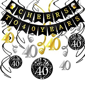 40th Birthday Decorations Kit- Konsait Cheers to 40 Years Banner Swallowtail Bunting Garland Sparkling Celebration 40 Hanging Swirls,Perfect 40 Years Old Party Supplies 40th Anniversary Decorations
