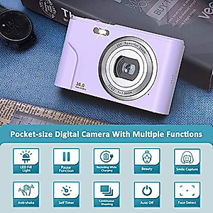 Digital Camera FHD 1080P 36MP Vlogging Camera Rechargeable Kids Camera with 16X Digital Zoom, LED Fill Light, LCD Screen, 2 Batteries, Compact Portable Pocket Camera for Teens Students (Purple)