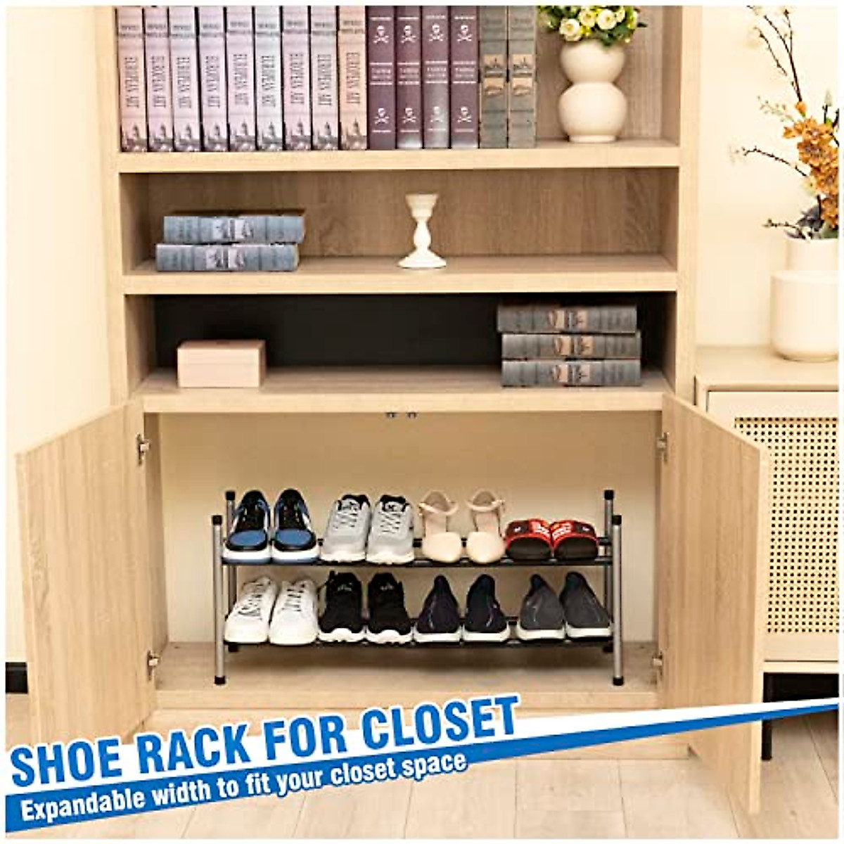 HEDOMII 2-Tier Expandable Shoe Rack, Stackable and Adjustable Shoes Organizer Storage Shelf, Sturdy and Durable Metal Structure Free Standing Shoe Rack for Closet Entryway Doorway