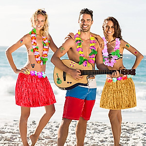 Elcoho 24 Pack Hawaiian Leis Set 8 Pack Hawaiian Grass Skirt 8 Pack Hawaiian Necklaces and 8 Pack Luau Temporary Tattoos for Hawaiian Party Decorations