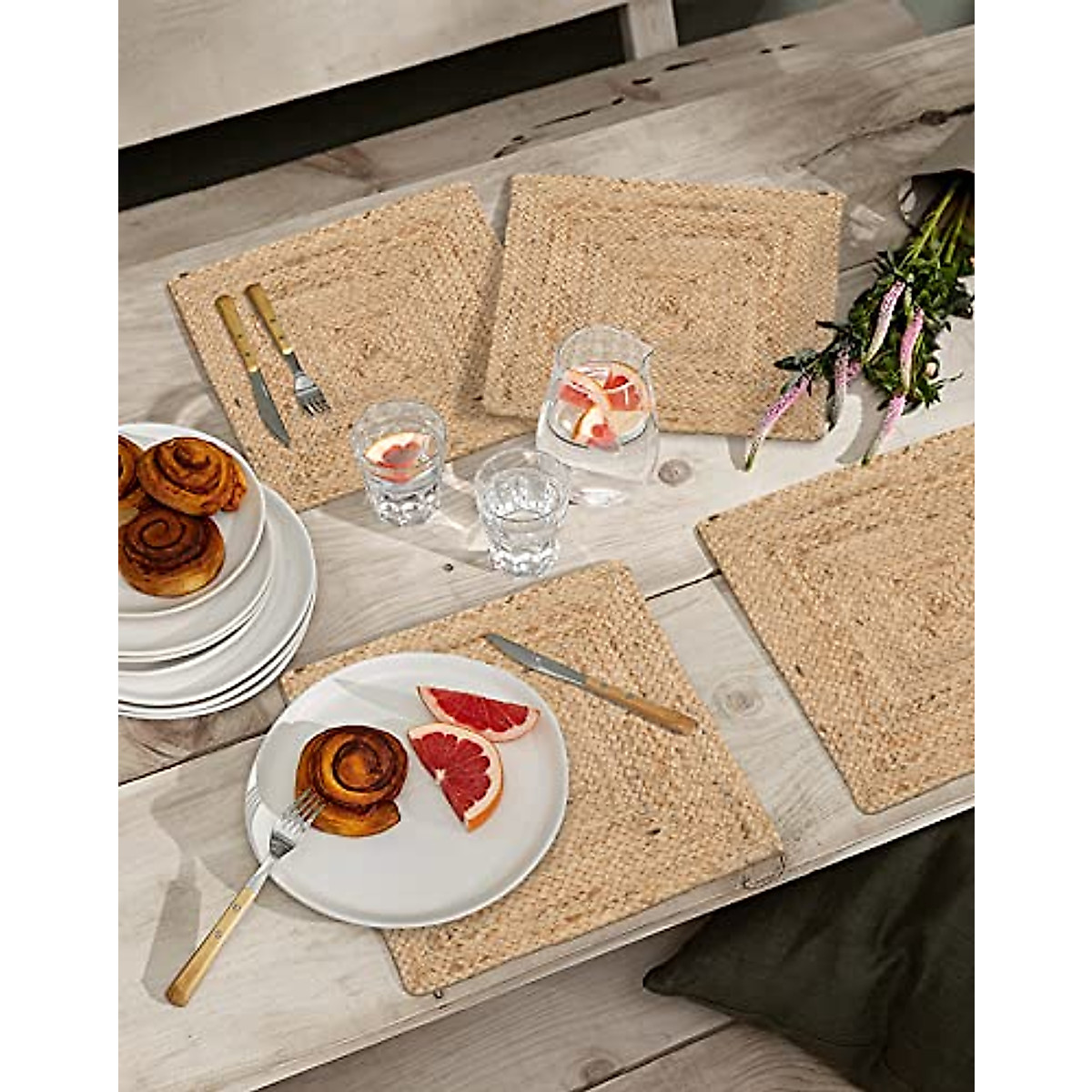 Hausattire Jute Braided Placemats 14x14 Inches - Natural, Farmhouse Reversible Woven Boho Mats for Kitchen & Dining Table (Set of 4)