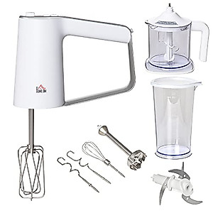 HOMCOM 5-in-1 Electric Hand Mixer, Handheld Mixer with Measuring Cup, 300W Immersion Blender with 5+1P Speeds, Dough Hooks, Chopper, Whisk and Mixers for Meat, Fruit, Mashed Potato and Milkshake