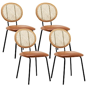 Soohow Faux Leather Indoor Kitchen Set of 2 with Rattan Backrest Modern Industrial Upholstered mid Century Metal Chair Set of 4 Suitable for Dining Room, 4 pcs, Z-Whiskey Brown