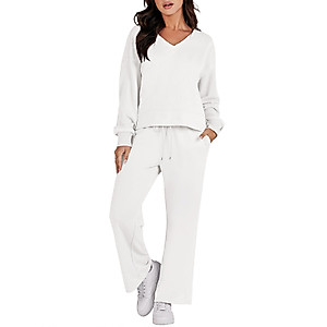 ANRABESS Women’s Two Piece Outfits Matching Sets Long Sleeve V Neck Pullover Top and Wide Leg Pants 2023 Fall Tracksuit Lounge Sets A804baise-S, White
