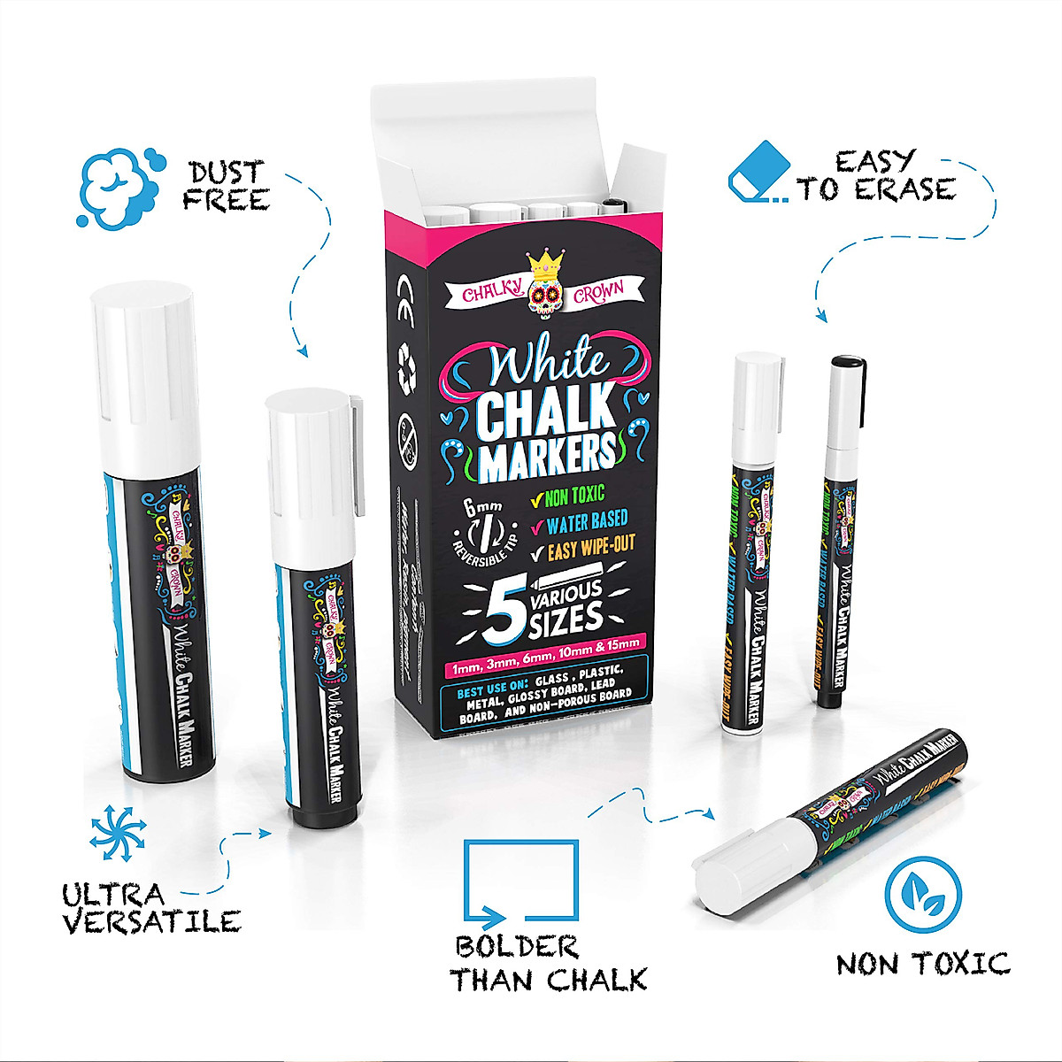 CHALKY CROWN 5pc White Chalk Markers - Non-Toxic Liquid Chalkboard Markers, White Liquid Chalk Marker for Windows, Glass - 1, 3, 6, 10, 15mm Tips