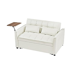 FANYE Modern Minimalist Living Room Loveseat Sofa Couch W/Pull Out Sleeper Couch Bed & Adjustable Sidetable Convertible Twin Size Sofabed Bring Side Storage Pockets for Home Apartment Office