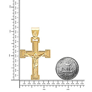 The Bling Factory Large 32mm x 46mm 14k Gold Plated Milgrain Bordered Crucifix Pendant