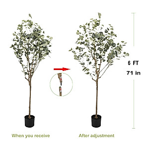 Erlandens 6FT Artificial Eucalyptus Tree 71in Modern Fake Plant Silk Faux Eucalyptus Silver Dollar Leaves in Pot for Outdoor Indoor Office Housewares Living Room Wedding Decor