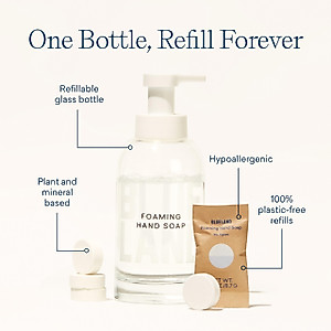 BLUELAND Hand Soap Starter Set - 1 Refillable Glass Foaming Hand Soap Dispenser + 4 Tablets Refills | Iris Agave Scent | Eco Friendly Hand Soap | Makes 4 x 9 Fl oz bottles (36 Fl oz total)