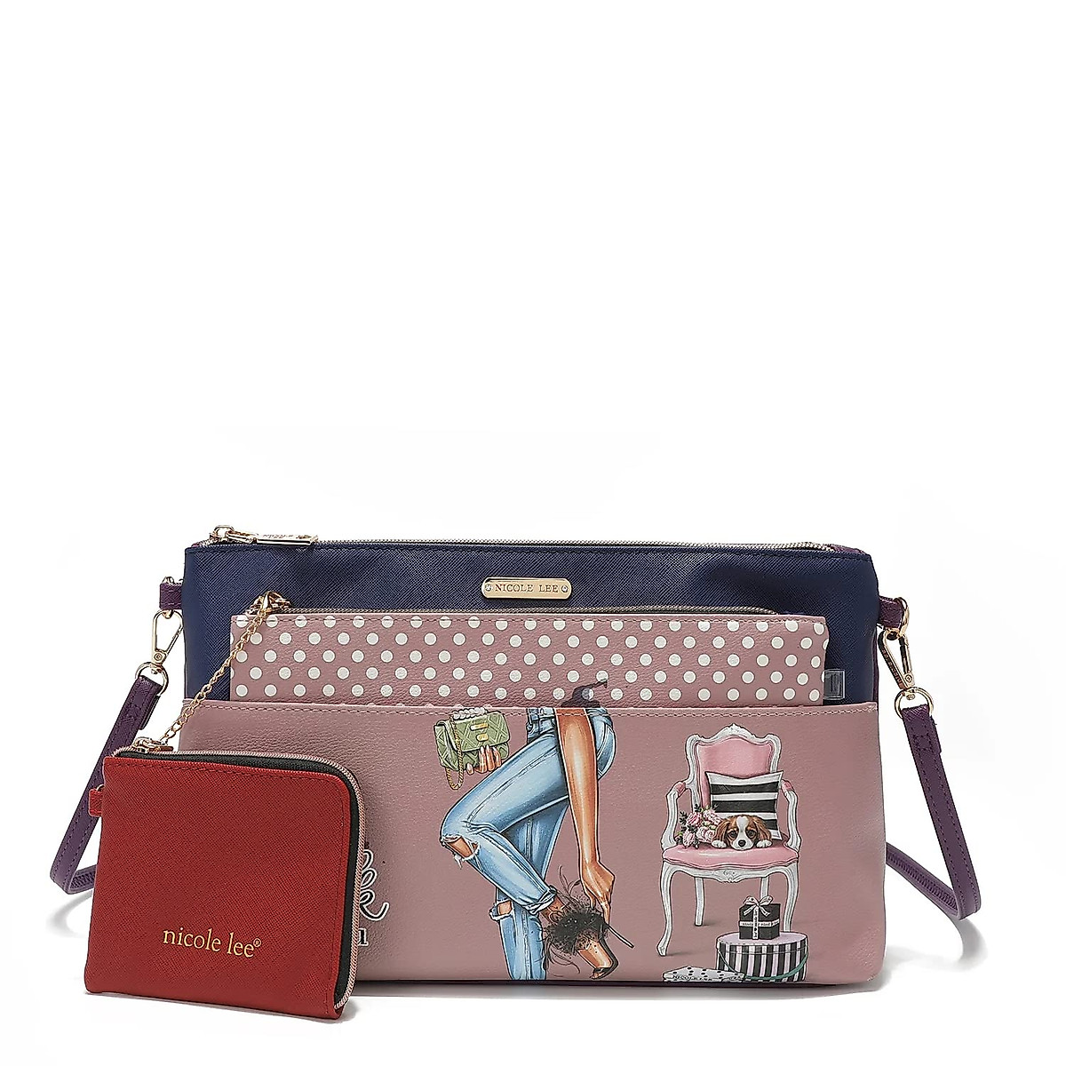 Nicole Lee 3 Pieces Handbag Pouch Set, Removable Crossbody Strap, Large, Medium Small Zip Pouches, Travel Set (Paris Fashion Week)