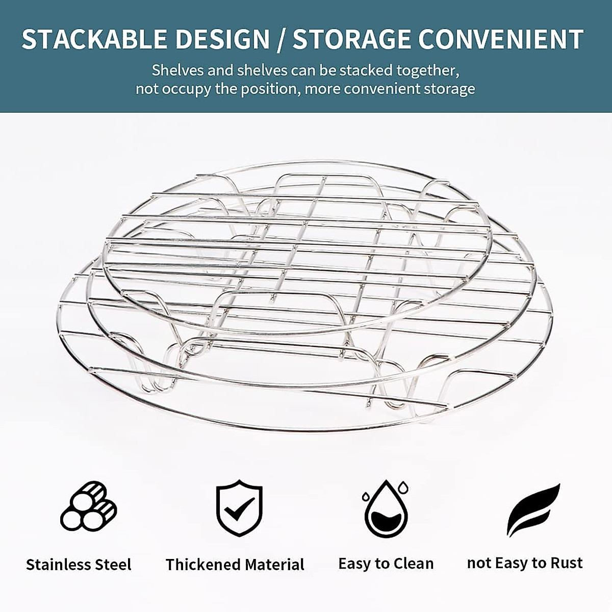 Round Cooling Rack - 3 Pack Steamer Racks Set - Stainless Steel Circle Roasting Rack, 3 Pcs (8" & 9" & 10") Steaming Cake Pot Rack with Hot Dish Plate Clip for Baking Cooking Grilling Wire Rack