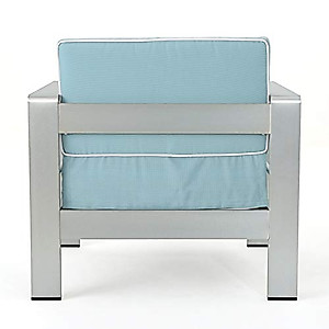 Christopher Knight Home Crested Bay Silver Aluminum Framed Chat Set with Water Resistant Cushions and Rectangular Fire Pit, 5-Pcs Set, Light Teal / White / Silver / Light Grey