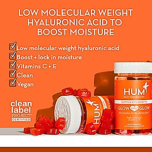 HUM Glow Sweet Glow Skin Supplement & Beauty Gummies - Hyaluronic Acid, Vitamin C + Vitamin E Gummies for Hydrated Skin - Collagen Gummies for Smooth Lasting Plump & Glowing Skin (60 Vegan Gummies)