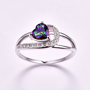 Emsione Created Rainbow Topaz 925 Sterling Silver Plated Love Heart Cut Eternity Promise Band Ring for Women Size 6