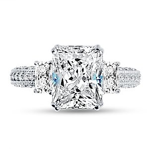 Size - 7-14k White Gold Emerald 3 Stone With Accents Milgrain Solitaire Engagement Ring CZ Cubic Zirconia (4.0cttw., 3.0ct. Center)