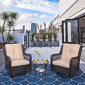 W WARMHOL 3-Piece Patio Rocking Chairs Wicker Bistro Set Cushioned, Outdoor Glider Swivel Chair Rattan Furniture Sets with Thickened Cushion and Glass-Top Coffee Table (Beige Cushion)
