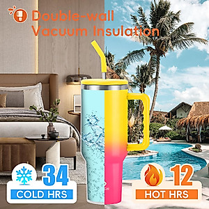 VUSIGN 40 oz Tumbler with Handle and Straw Lid, Stainless Steel Vacuum Insulated Tumbler Travel Mug Water Bottle Cup for Water Iced Tea Coffee Smoothie Car, Red-Yellow Mixed