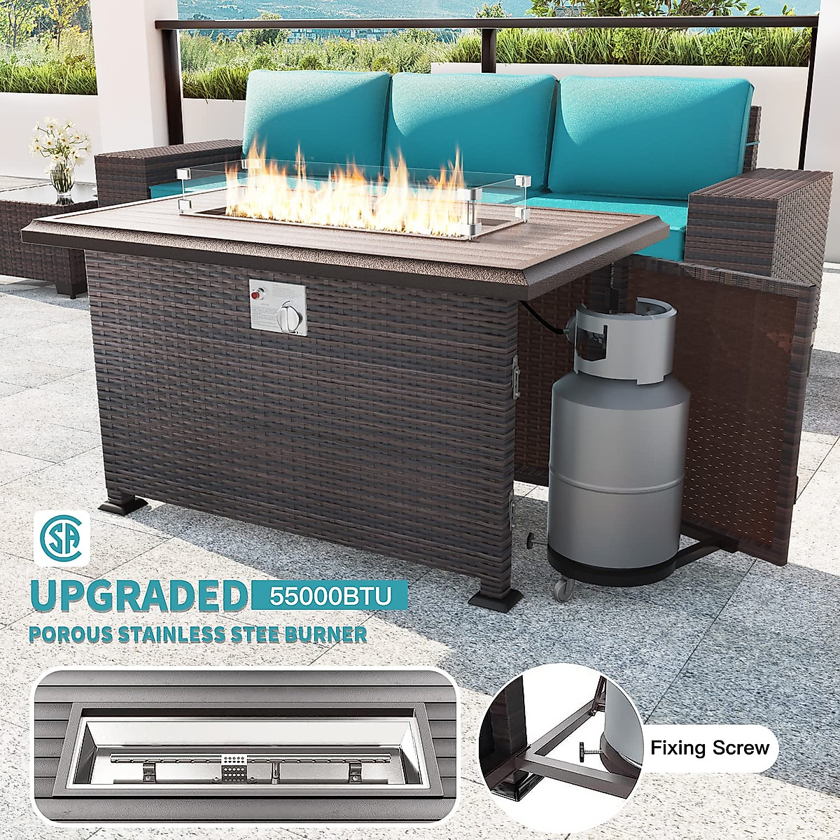 Kullavik 7 Pieces Outdoor Patio Furniture Set with 43" 55000BTU Gas Propane Fire Pit Table PE Wicker Rattan Sectional Sofa Patio Conversation Sets,Green Blue