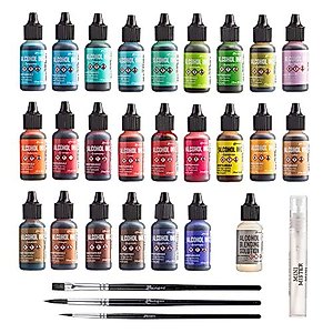 Ranger Tim Holtz Alcohol Ink Set, 24 Pack (Assorted Colors) .5oz | Alcohol Ink Blending Solution | Premium Brush Set for Alcohol Ink Paper | 1 Mini Spray Bottle