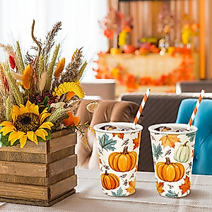 Thanksgiving Disposable Paper Cups 30 Pack, Pumpkin Maple Leaves Paper Cups, Fall Drinking Cups for Hot and Cold Beverages 12 Ounce, Thanksgiving Dinner Autumn Harvest Fall Party Supplies