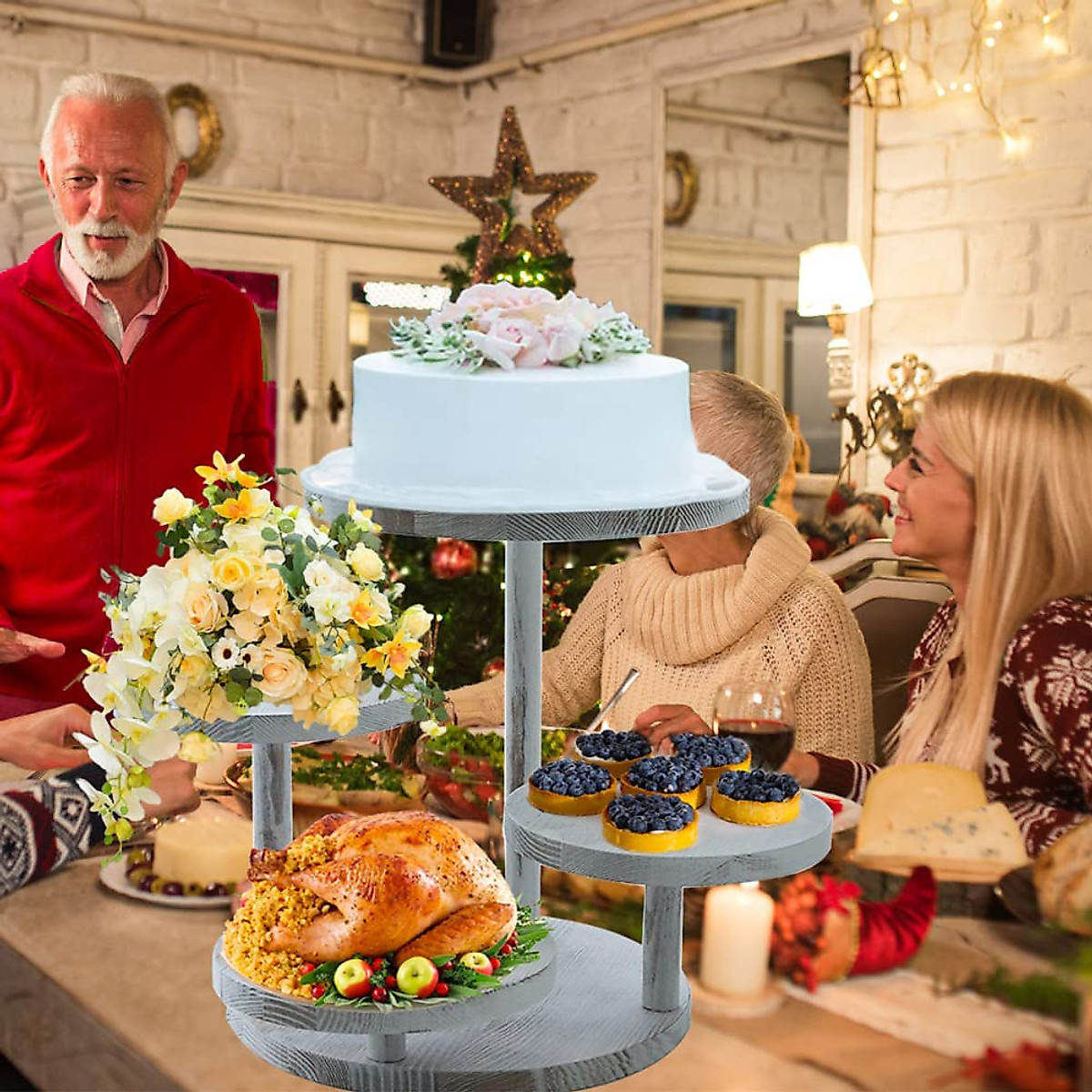 Wood Tiered Serving Trays, Wooden Display Stand Tiered Tray Stand Dessert Tray for Party, Round Serving 4 Tier Cupcake or Cake Tower Stand for Entertaining (Washed White)