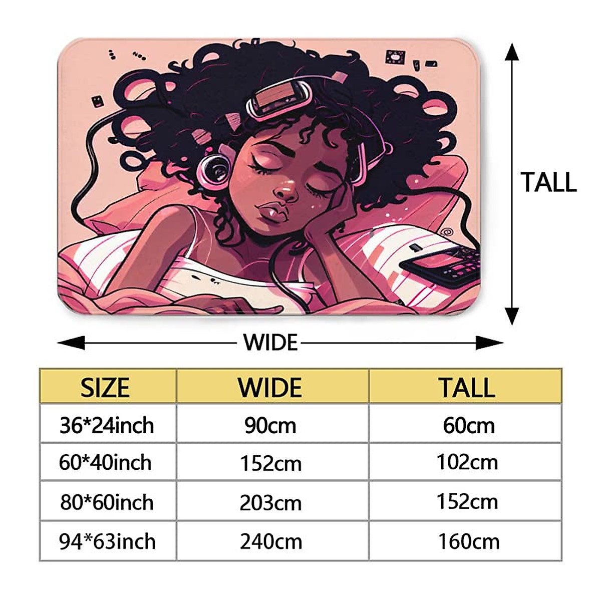 African American Black Girl Area Rug,Magic Girl Cartoon Rug for Teen Girls' Room,Non-Slip Area Carpet,Perfect for Bedroom Decor 36x24in