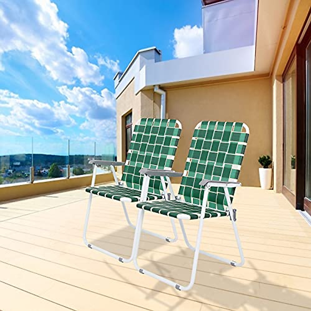 Outvita Webbed Lawn Chairs Set of 2, Foldable Alloy Steel Patio Chairs Stable Frame Outdoor Chair for Camping, Fishing, Beach, Poolside, Backyard and BBQ (Green&Khaki)
