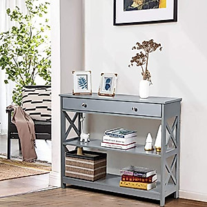 Giantex Console Table 3-Tier W/Drawer and Storage Shelves, X-Design Entryway Table for Hallway, Living Room and Bedroom Sofa Side Table (Gray)