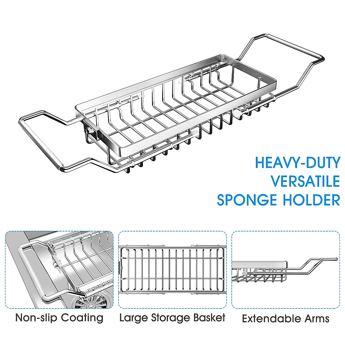 Sponge Holder for Kitchen Sink, Sink Caddy, Expandable (16.7"-21.2") Kitchen Sink Organizer with Dishcloth Towel Holder, Stainless Steel Over Sink Holder