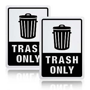 GLOBLELAND 2 Pack Trash Only Sign, 10x7 inches 40 Mil Aluminum Trash Signs Decorative for Indoor or Outdoor, UV Protected Reflective and Waterproof, Black