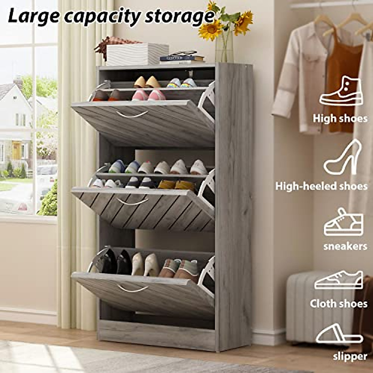 DiDuGo Shoe Cabinet with 3 Flip Drawers, Slanted Design, Shoe Organizer for Hallway Entryway Light Grey (22.4”W x 9.4”D x 42.3”H)