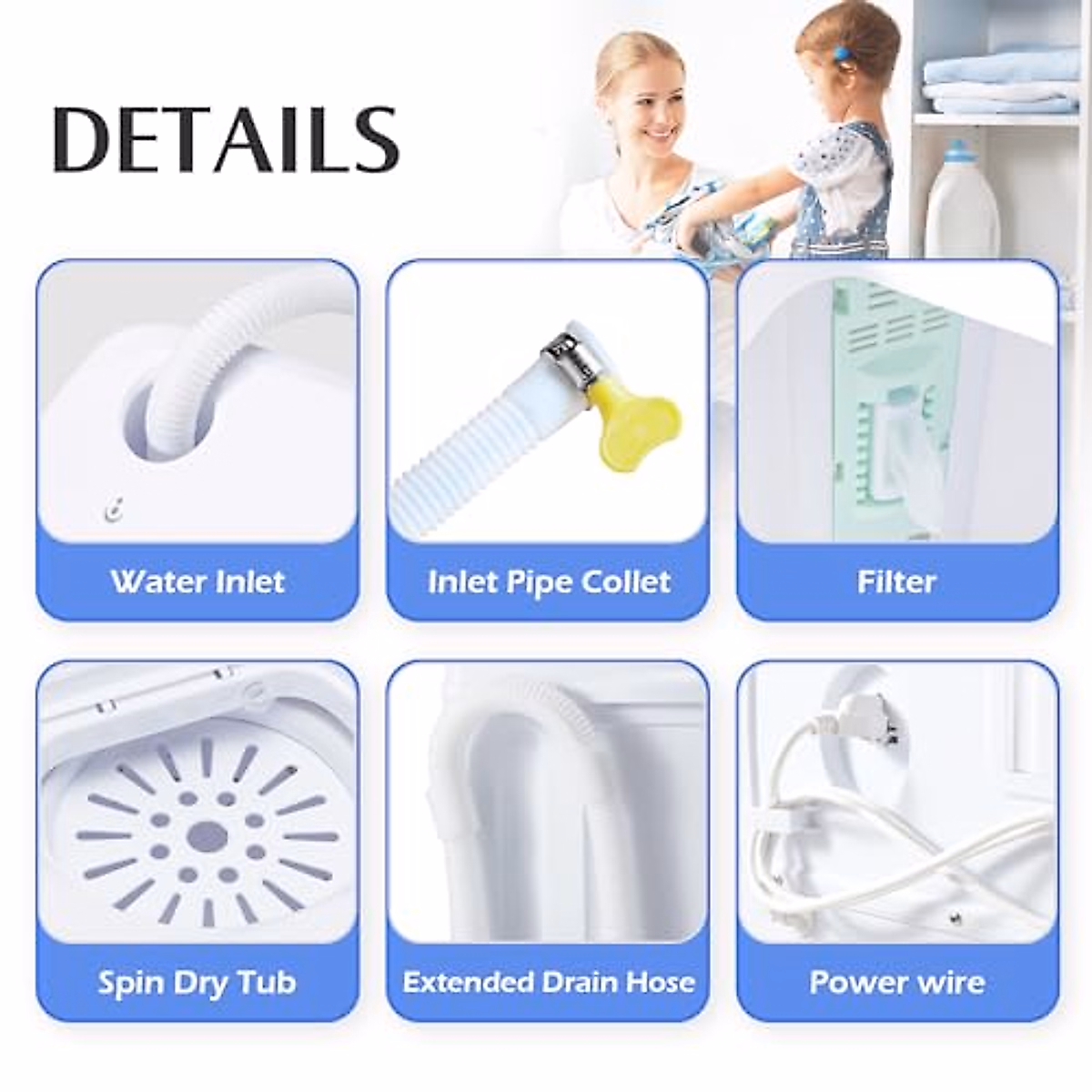 Portable Washing Machine 17.6Lbs Capacity Washer&Dryer Combo 2 In 1 Mini Compact Twin Tub Laundry Washer(11Lbs) & Spinner(6.6Lbs) with Gravity Drain Pump for Apartment,Dorms,RV Camping(grey+white)