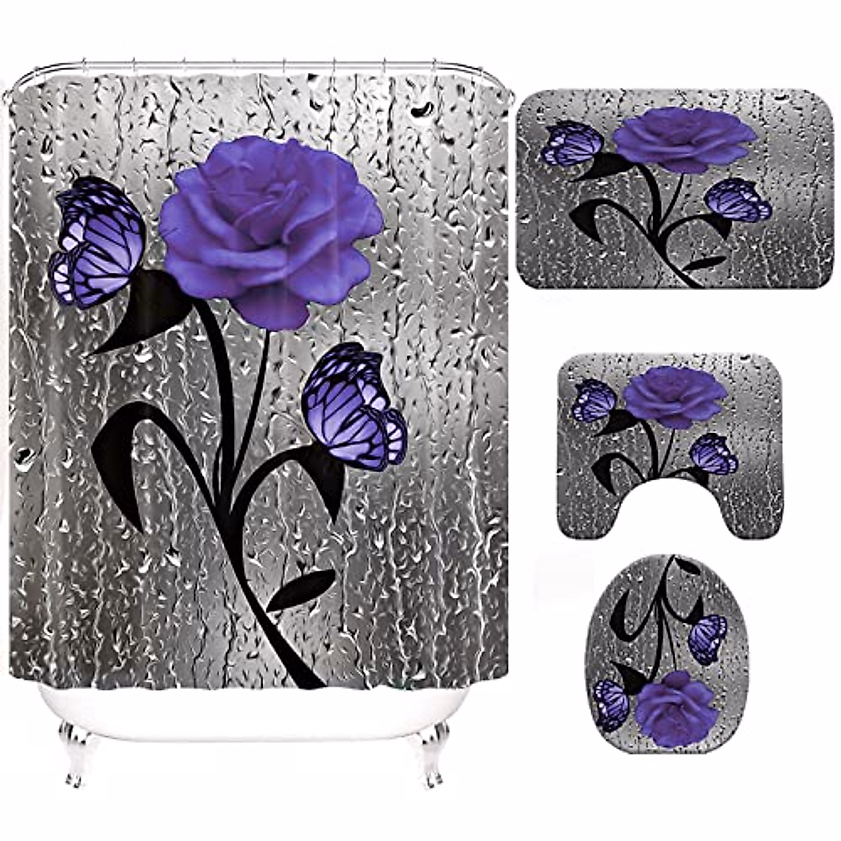 Floral Shower Curtains Butterfly Purple Rose Bathroom Shower Curtain with Non-Slip Rugs and Toilet Lid Cover Durable Bathroom Sets Medium Size