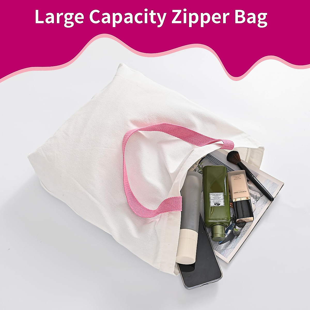 OLSUNOR 10 Pack Canvas Tote Bag with Zipper, Reusable Grocery Bags with Long Handle, DIY Heat Transfer Sublimation Blanks Shopping Bags for Advertising, Birthday, Halloween, Christmas Craft Bags