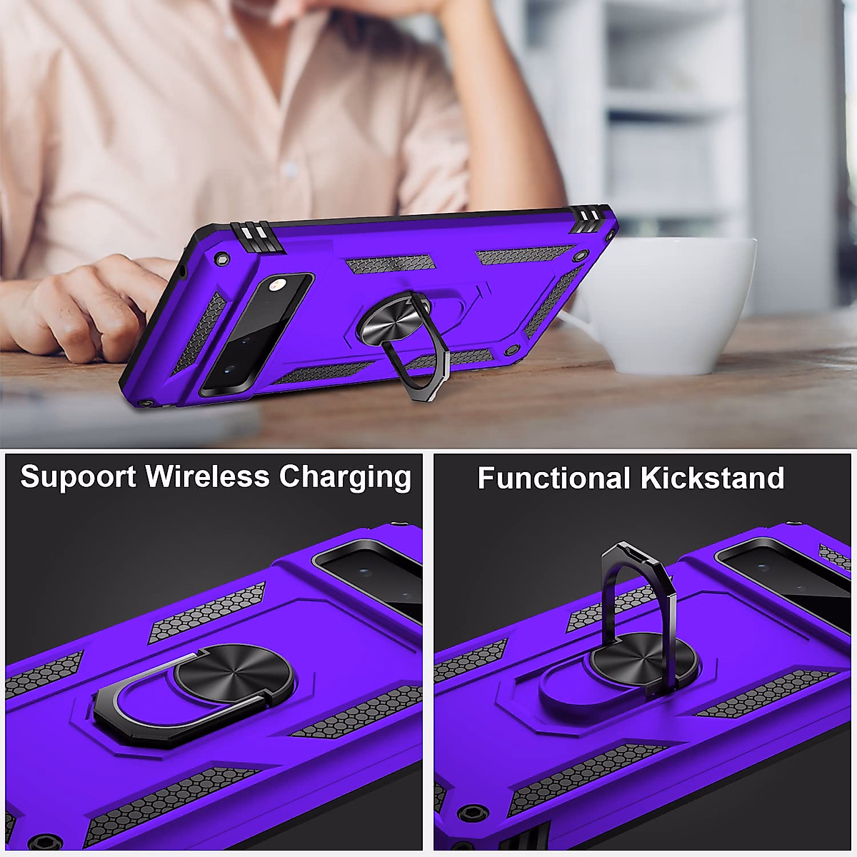 IKAZZ Suitable for Google Pixel 6 Pro Case,Military Grade Shockproof Heavy Duty Protective Phone Cover Pass 16ft Drop Test with Magnetic Kickstand Car Mount Holder Purple