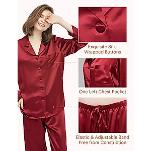 LilySilk Silk Pajamas for Women Button Up Pajamas Set for Ladies Girls Soft Maternity Pajamas Birthday Bridal Party Gift for Christmas Anniversary Valentine's day, Claret L