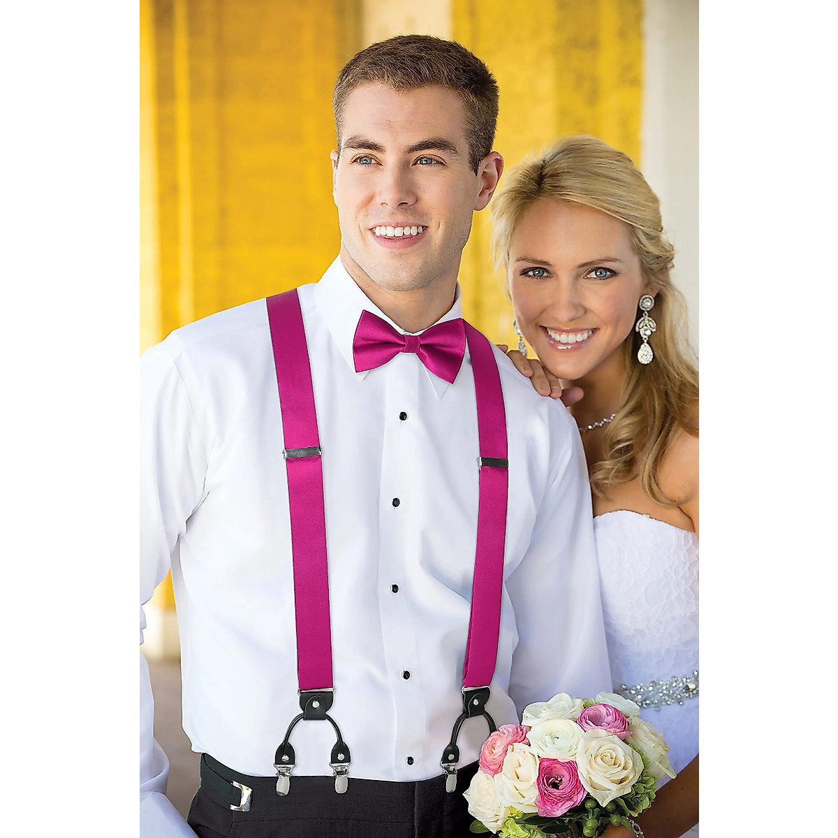 HISDERN Pink Bow Tie and Suspenders for Men Solid Handkerchief 6 Clips Adjustable Y Shape Tuxedo Hot Pink Suspenders & Pocket Square Set Wedding Party Braces