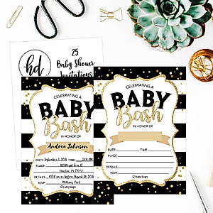 Hadley Designs - Black Gold Bash Baby Shower Invitations, Printable Shabby Chic Unique Custom Vintage Coed Twin Sprinkle Party Card Stock Paper Supplies - 25 Set