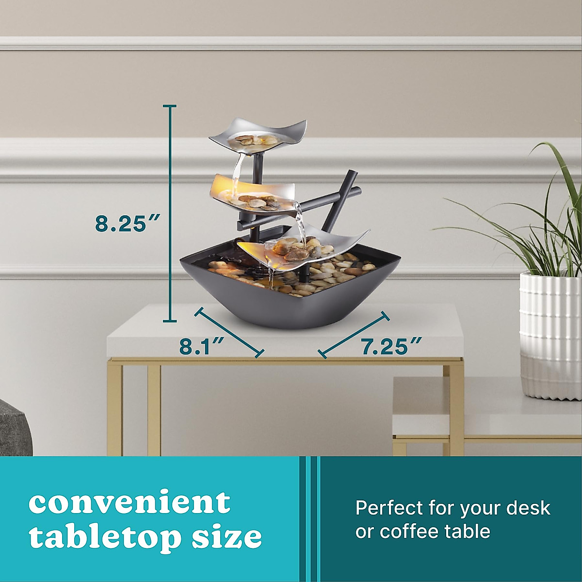 HoMedics Indoor 3-Tier Relaxation Tabletop Fountain, Automatic Pump with Power Switch, Extra Deep Basin with Natural River Rocks and Reflective Lighting Feature, EnviraScape Silver Springs