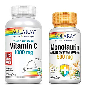 SOLARAY Timed Release Vitamin C 1000mg & Monolaurin 500mg Bundle | Powerful Immune & Gut Health Support | 275ct, 60ct