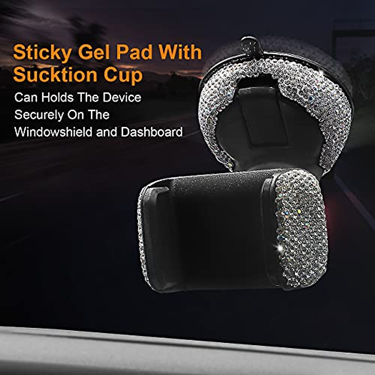 Bling Phone Holder for Car, Girly Rhinestone Car Dashboard Windshield Cell Phone Mount , 360 Degree Adjustable Glitter Sparkly Handcrafted Diamond Car Decor for Women with Air Vent Hook Clip, White