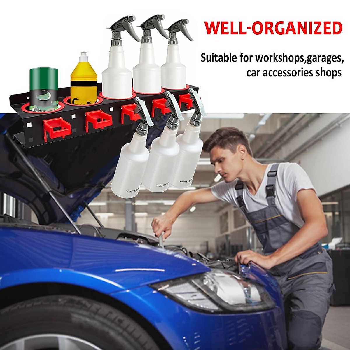 HMRCYTE Wall Mounted Spray Bottle Holder, 2 Pack Spray Can Holder, Spray Bottle Storage Rack, Garage Bottle Organizer with Car Cleaning Brush Kit, Aerosol Can Organizer for Garage Car Beauty Accessory