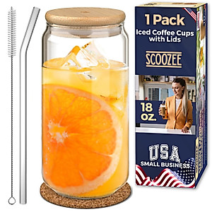 Scoozee Glass Cups with Lids and Straws (Set of 4, 16 oz) - Glass Tumbler with Straw and Lid, Can Shaped Drinking Glasses, Iced Coffee Cup, Beer Glasses - Aesthetic Cute Coffee Bar Gift