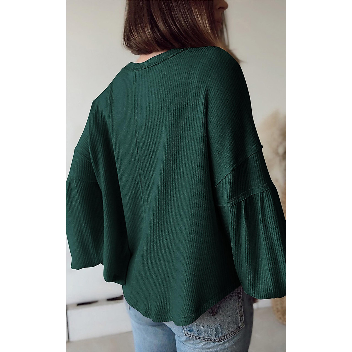 BTFBM Women's Ribbed Long Sleeve Tops 2025 Summer Spring Pullover Knit Casual V Neck Blouses Trendy Loose Fit Tunic Top(Solid Dark Green, Large)