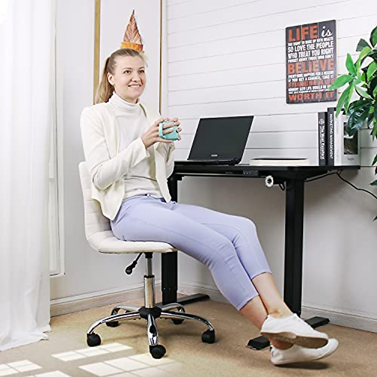 SMUG Desk Chair, Armless Office Chair Leather Swivel Task Chair Mid Back Ribbed Home Office White Desk Chair for Adult Child, Vanity Chair