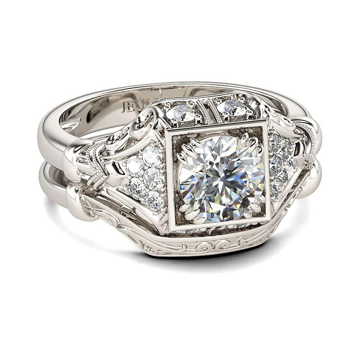 Jeulia Vintage Milgrain Round Cut Sterling Silver Ring Set Wedding Engagement Anniversary Promise Ring Bridal Sets for Women With Jewelry Box (Silver, 5.5)